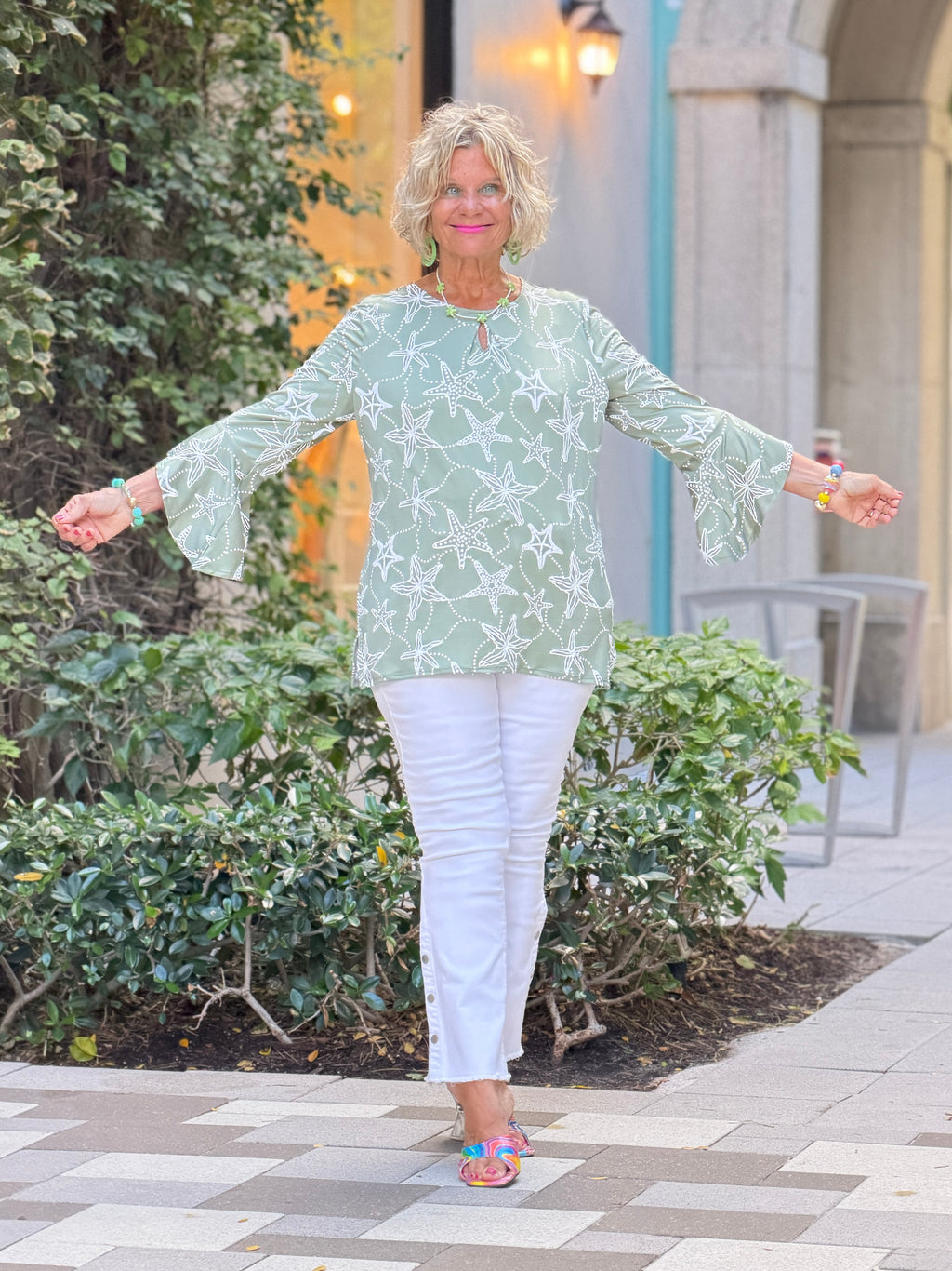 Women's PISTACHIO MULTI Starfish Puff Print Flutter Sleeve Top ...
