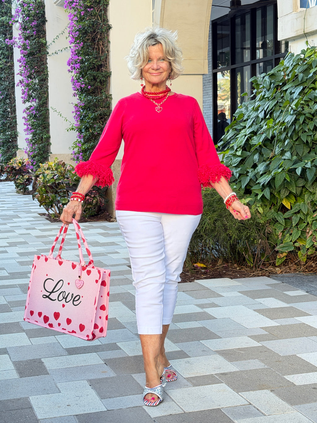 LULU B RED FINGE CASHMERE TOP - Cathys Place